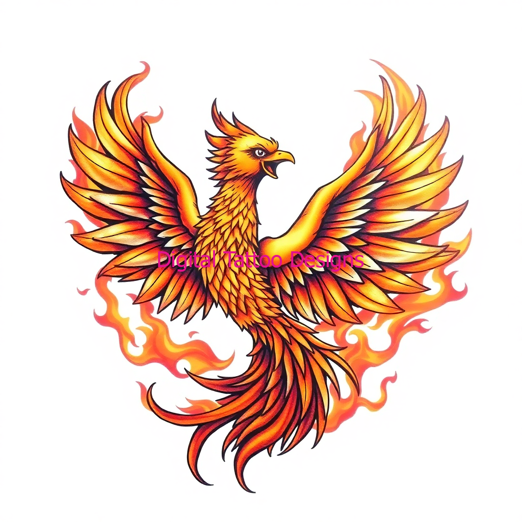 Inferno Rebirth – Fiery Phoenix Tattoo Design – digitaltattoodesigns